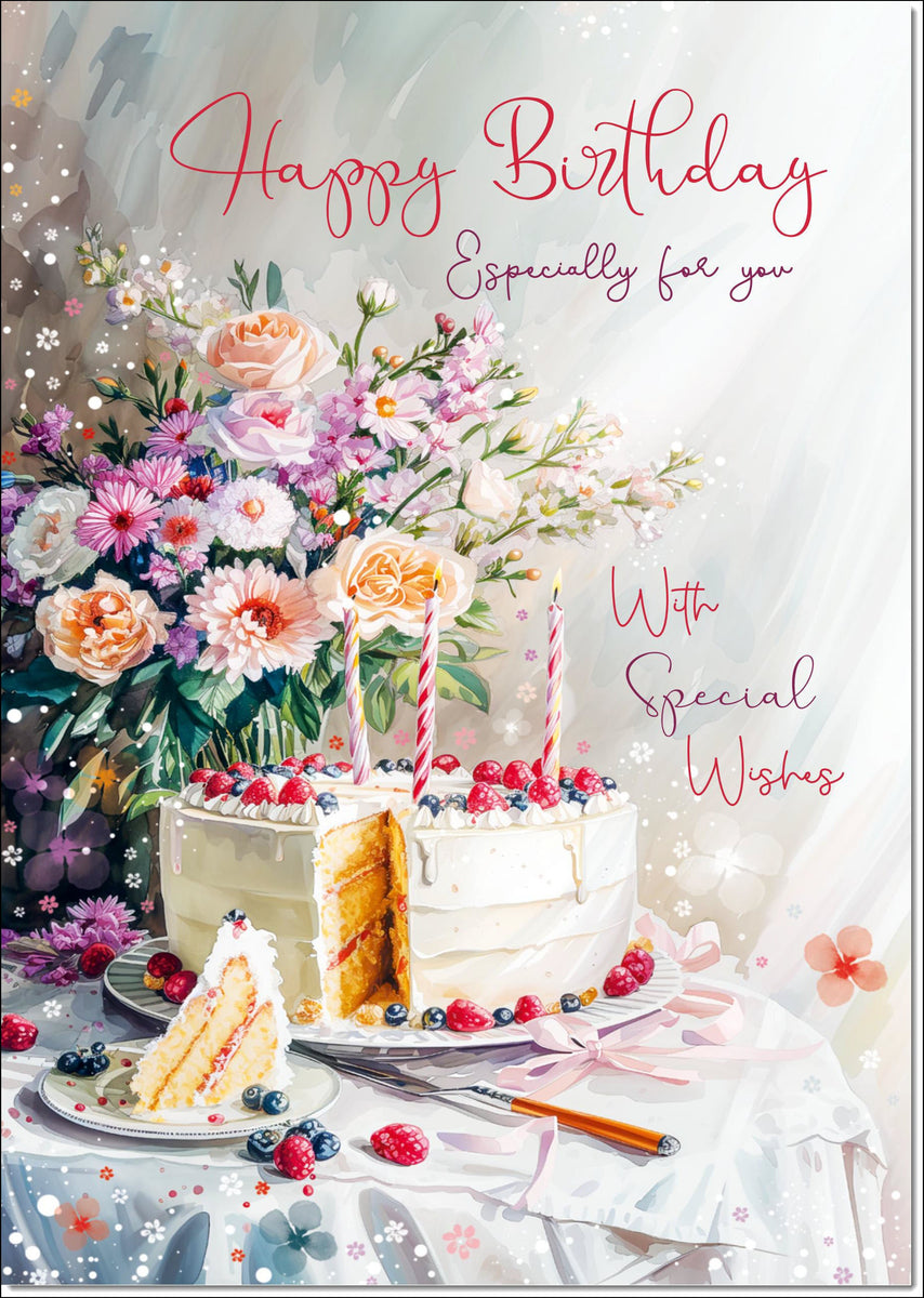 Birthday Card for Her Traditional Birthday Cake and Flowers – Wholesale ...